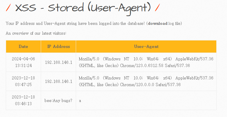 (bWAPP)Stored (User-Agent) - print(‘g2h’)